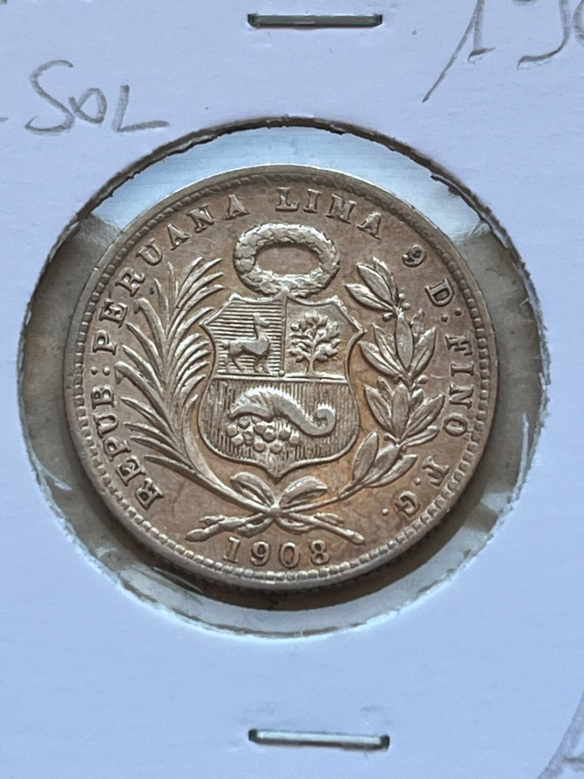 LIMA Repubblica del Peru 1/5 Sol 1908 Silver coin moneta in Argento BB+ ...