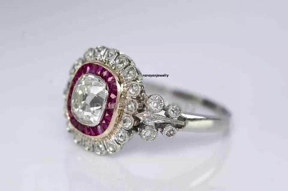 Antique Art Deco Cushion Lab Created Diamond & Ruby Engagement Ring 925 ...