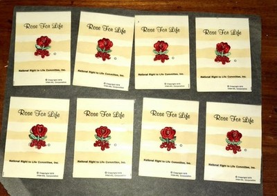 8 Vtg ROSE FOR LIFE appliques, original cards, Nat'l Right to Life 1976 ...