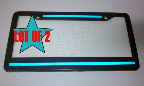 LOT OF 2 Top Bottom Blue Line License Plate Frame thin REFLECTIVE ...