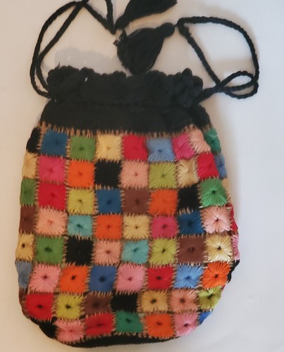 Vintage Crocheted Embroidered Patchwork Drawstring Purse | eBay