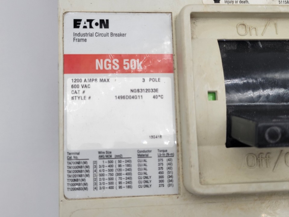 Eaton NGS312033E Circuit Breaker 1200A 3P 600VAC 3PH NGS 50K 1200 Amp 3 ...