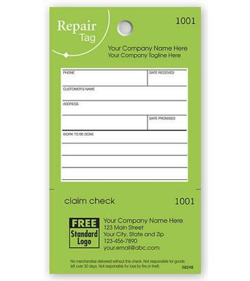 250 Repair Tag Green w/White Fill-In Space 3.125 X 5.5 / Nebs Deluxe No ...