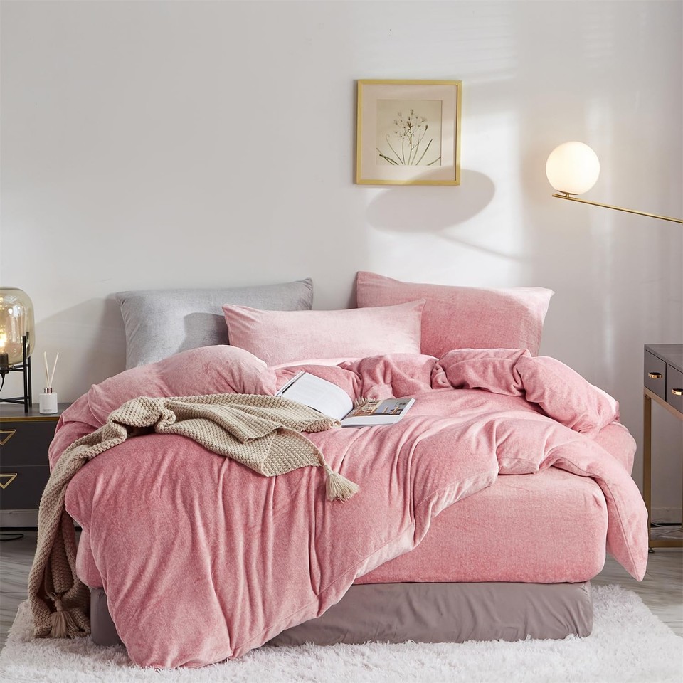 Fluffy Velvet Duvet Cover Set Blush Pink Queen Size Fall Winter Soft ...