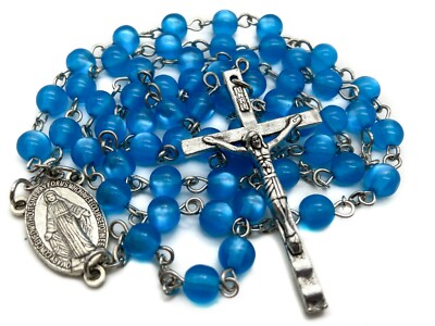 Light Blue Rosary Beaded Chaplet Necklace Miraculous Medal Cross | eBay