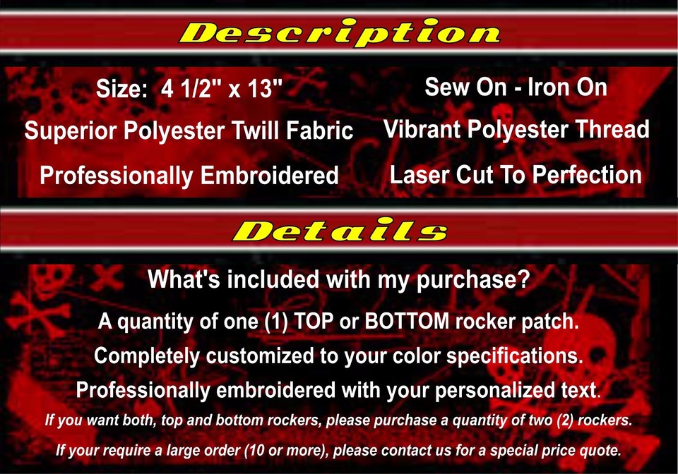 CUSTOM EMBROIDERED MC ROCKER PATCH 13" TOP OR BOTTOM MOTORCYCLE JACKET ...