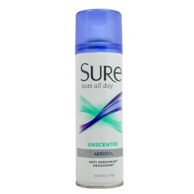 Sure Anti Perspirant & Deodorant Aerosol Spray Unscented 6Oz Each ...