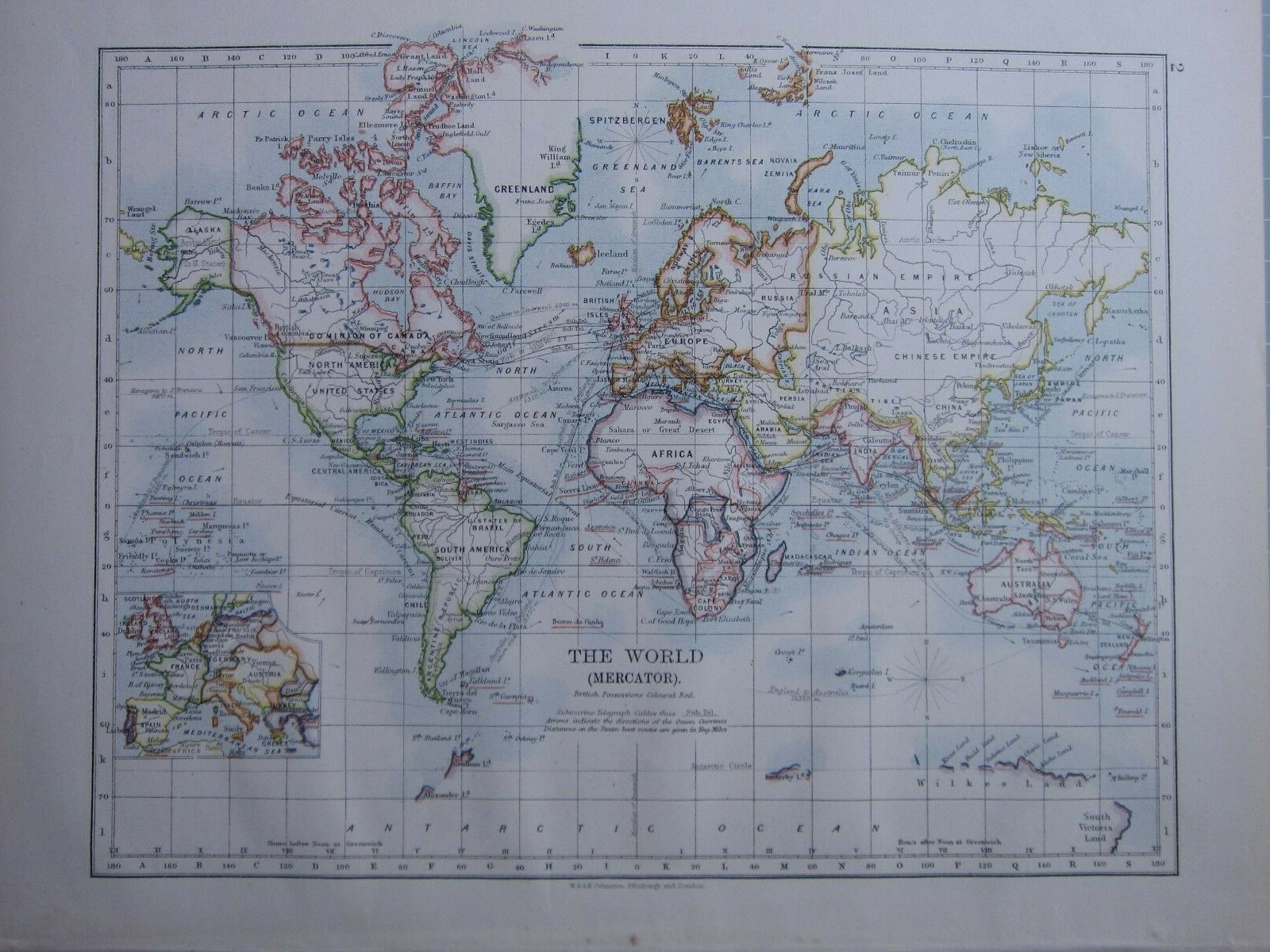 1895 VICTORIAN MAP THE WORLD AFRICA ASIA STEAMER ROUTES BRITISH ...