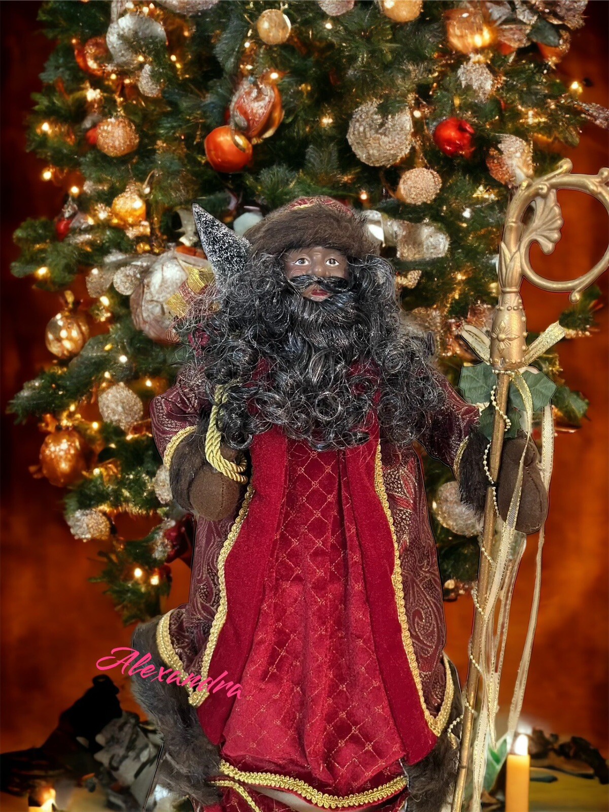 African American Santa Gold & Red Faux fur trim Christmas Tree Topper ...