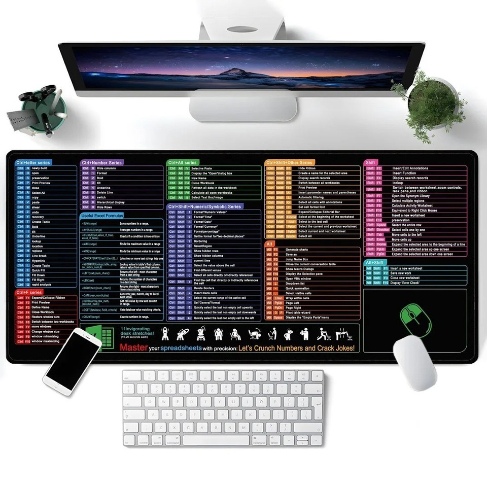 Excel English Shortcuts Mouse Pad – Large Extended Non-Slip Rubber Desk ...