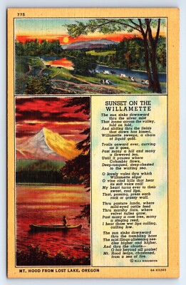 Linen Postcard Multi-View Mt Hood Sunset on Willamette Poem Oregon ...