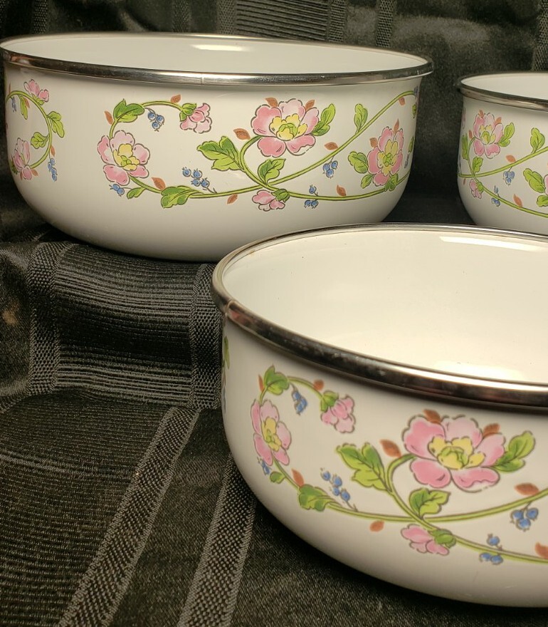 Kobe Kitchen Enamel (3) Mixing Nesting Bowls blueberries Vtg Pattern No ...