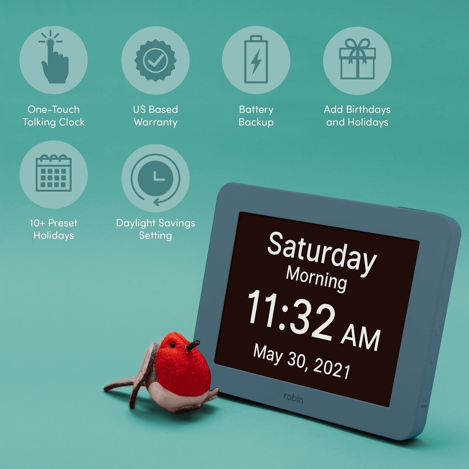 Robin Clock 2024 with Day and Date for Elderly, Clocks for Seniors ...