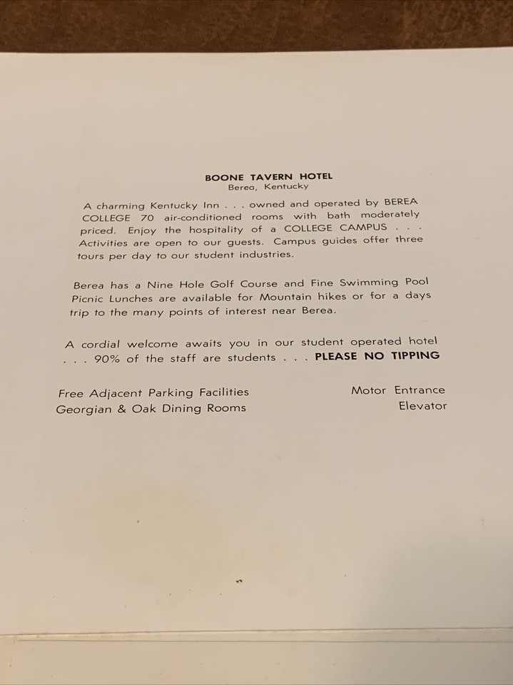 Rare Vintage - Boone Tavern Hotel Berea Kentucky Menu | eBay