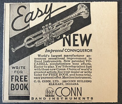 1939 Conn Band Instruments New Improved Connqueror B&W Vintage Print Ad ...