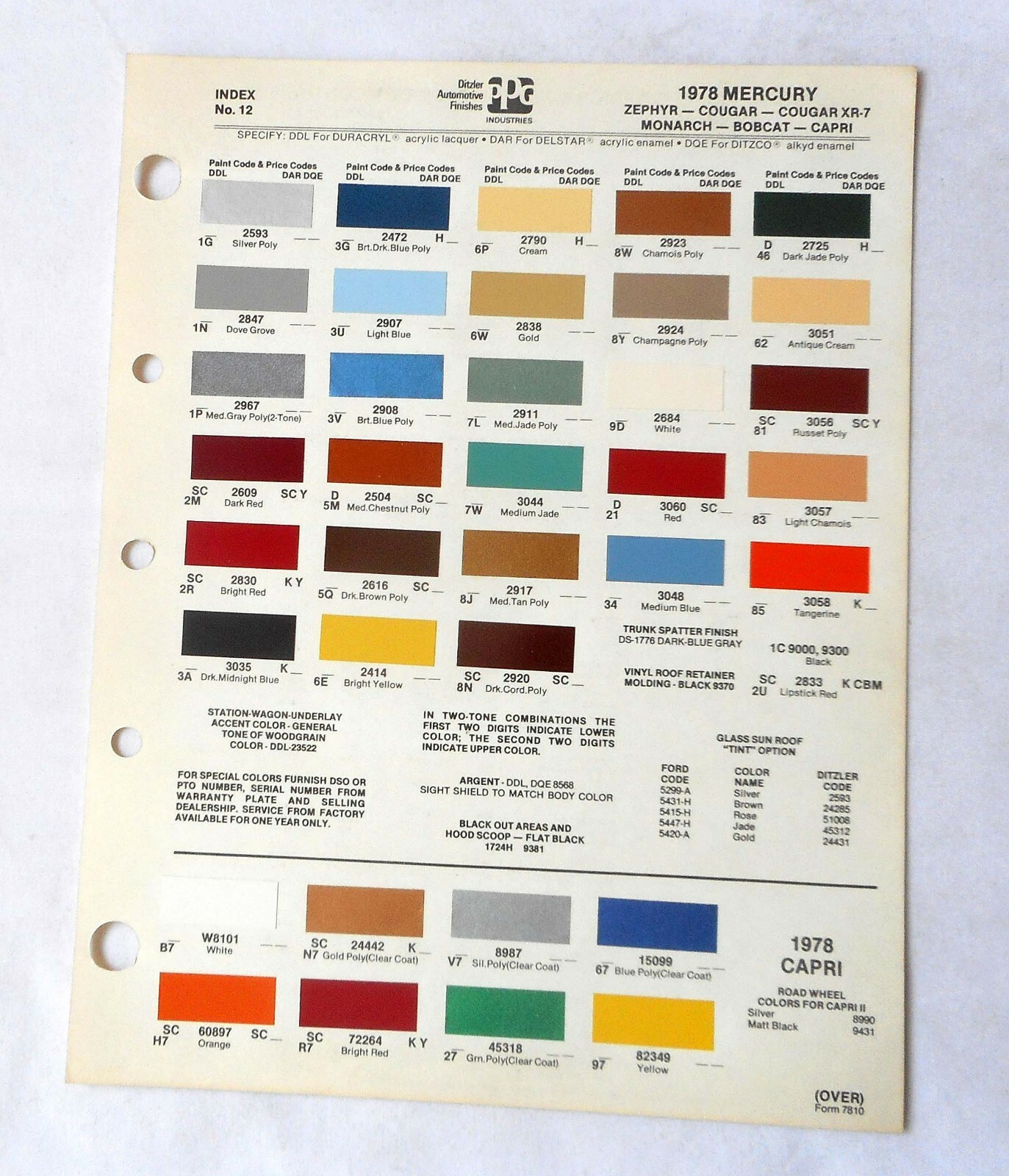 1978 MERCURY PPG COLOR PAINT CHIP CHART ALL MODELS ORIGINAL | eBay