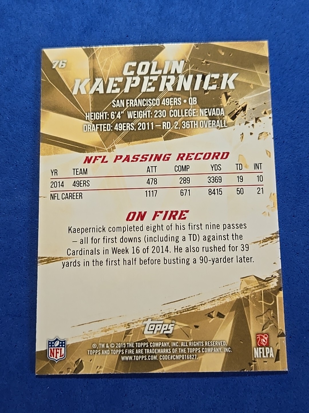 2015 Topps Fire - Colin Kaepernick #76 Flame for sale online | eBay