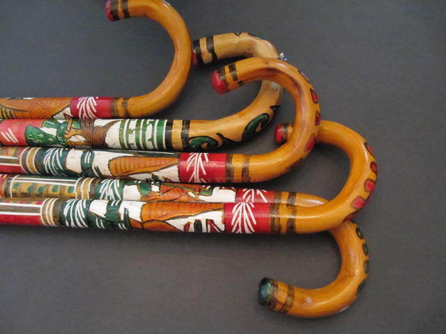 Hand Carved Wooden Cane Walking Stick Mexican Aztec Hand Painted Mexico ...