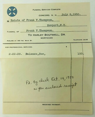 Funeral Services Completion Receipt 1950 Newport New Hampshire NH | eBay