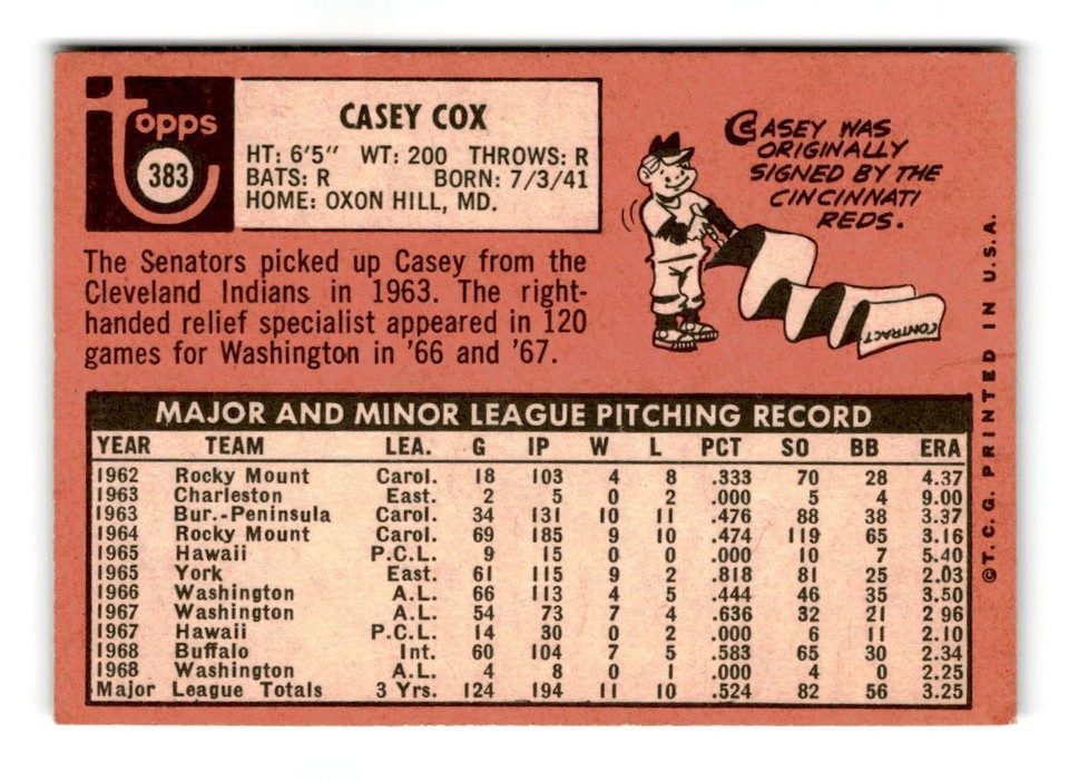 1969 Topps Casey Cox #383 Washington Senators Baseball Card | eBay