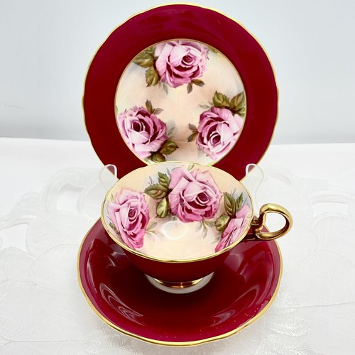 Aynsley Teacup Trio Cabbage Rose Burgundy Red | eBay