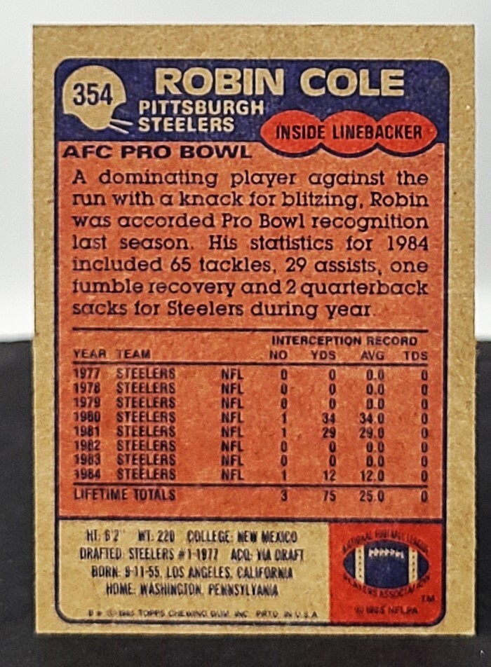 ROBIN COLE Signed Autographed 1985 Topps Football Card #354 Pittsburgh ...