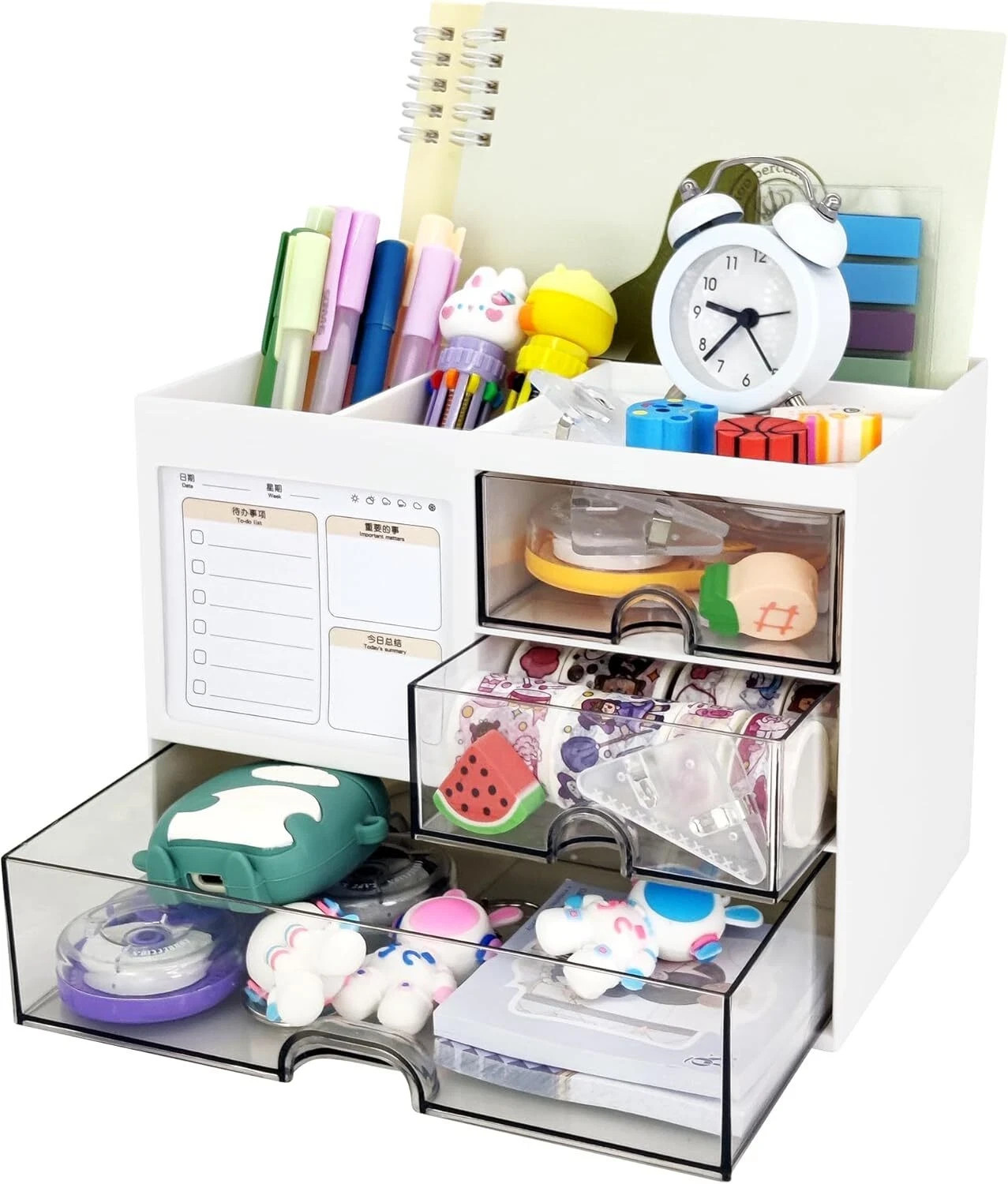 LYLIDIA White Desk Tidy Organiser – 3 Drawers, Memo Holder, Compact ...
