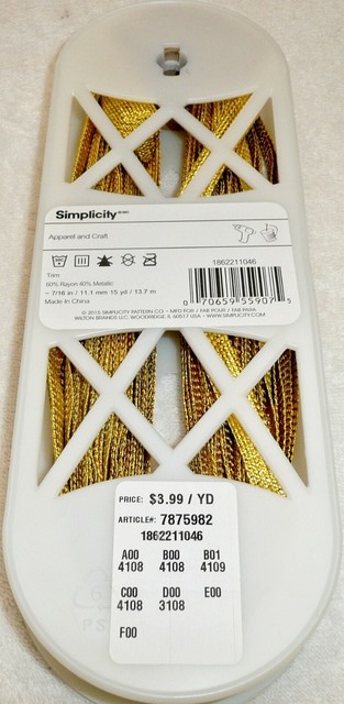 Simplicity Gold Decorative Trim for Sewing or Crafts 8 Yards 7/16 Inch ...