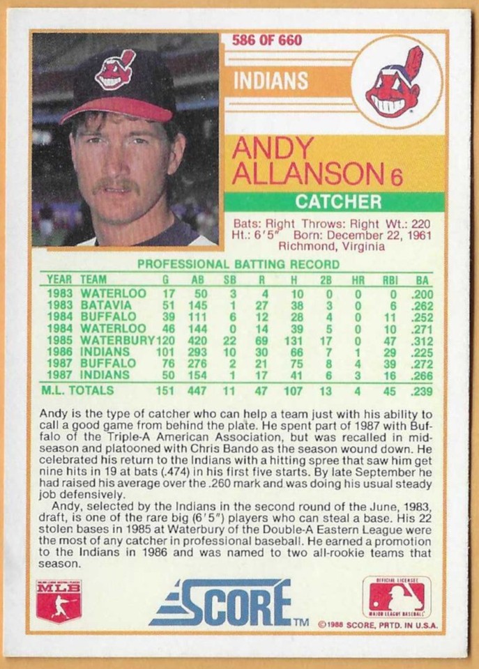 ANDY ALLANSON CLEVELAND INDIANS #586 - SCORE NM-MT 1988 | eBay