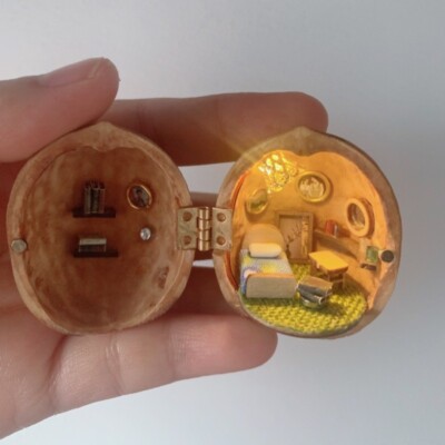 DIY Handcrafted Walnut Shell Miniature Dollhouse - Cozy Illuminated ...