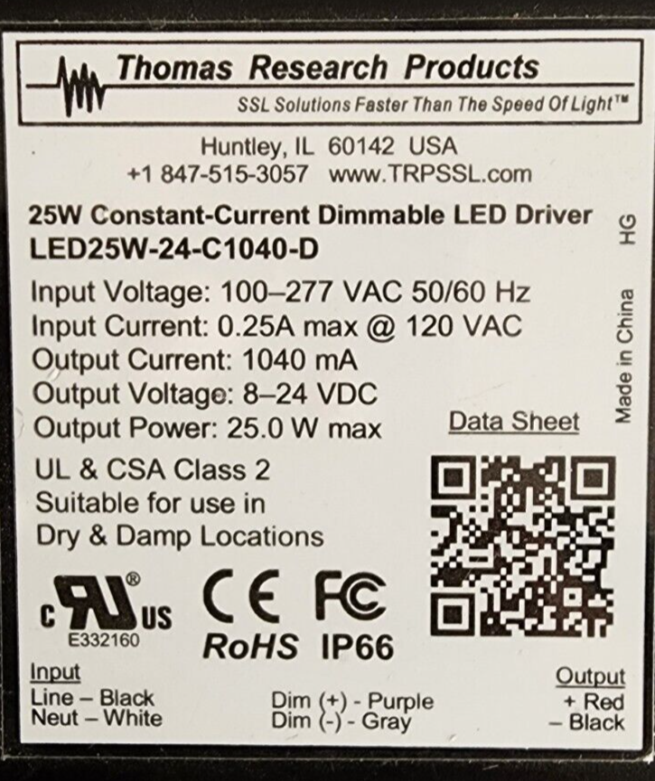 Thomas Research LED25W-24-C1040-D Constant-Current Dimmable LED Driver ...