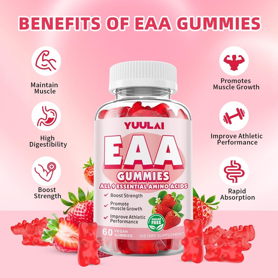 YUULAI EAA Gummies 2-Pack – 9 Essential Aminos + BCAAs, Muscle & Energy ...