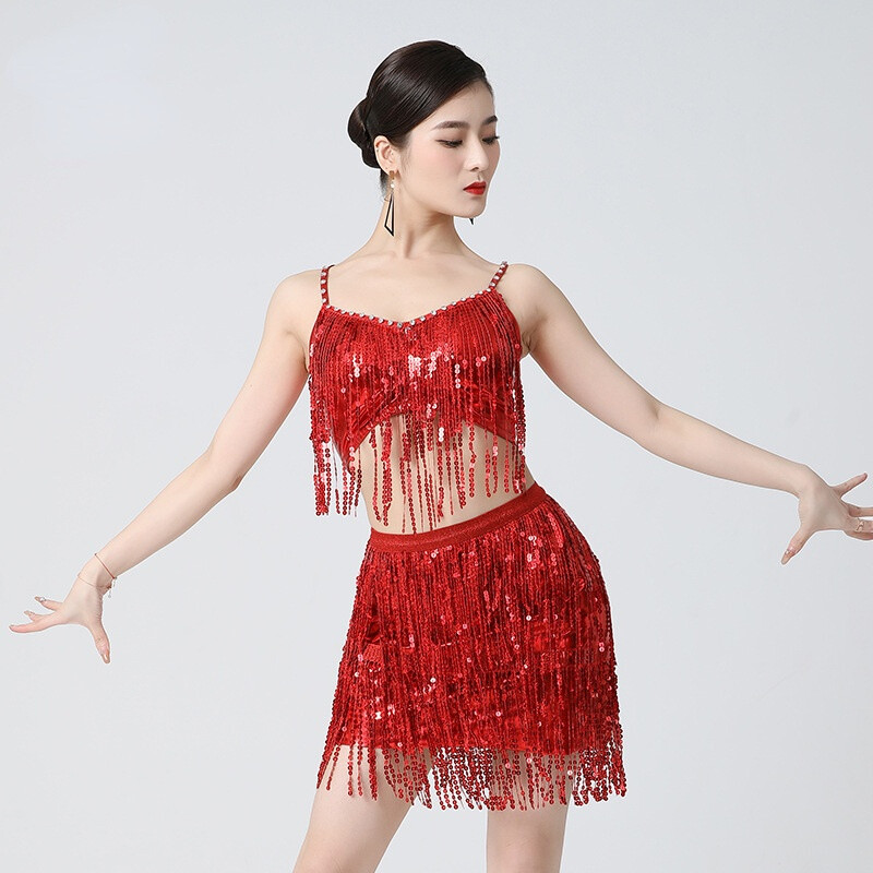 Ladies Tassel Top Skirt Dancewear Set Latin Dance Costume Salsa Rumba ...