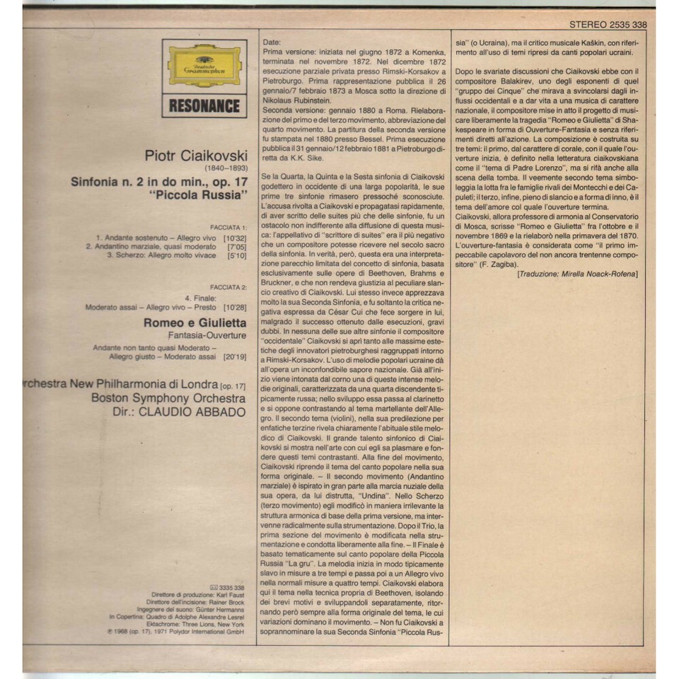 Tchaikovsky Boston Symphony Orchestra Abbado LP Symphonie N 2/Romeo E ...