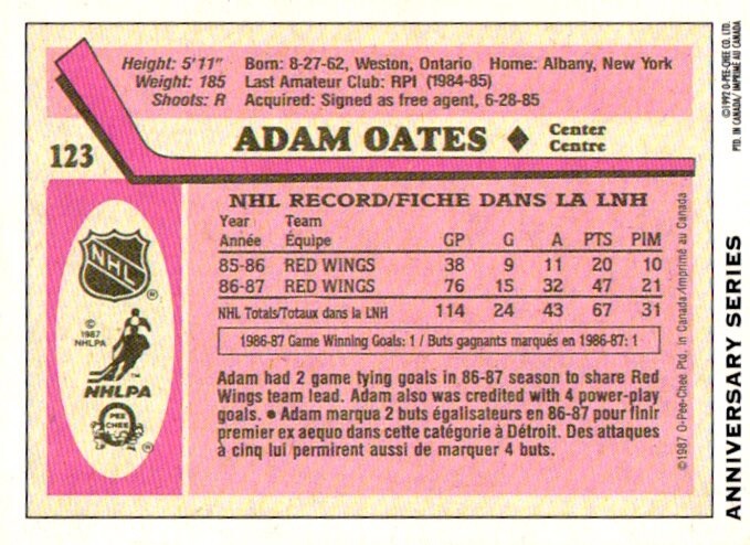 Adam Oates Detroit Red Wings #123 O-Pee-Chee 20 Anniversary 1992 NHL ...