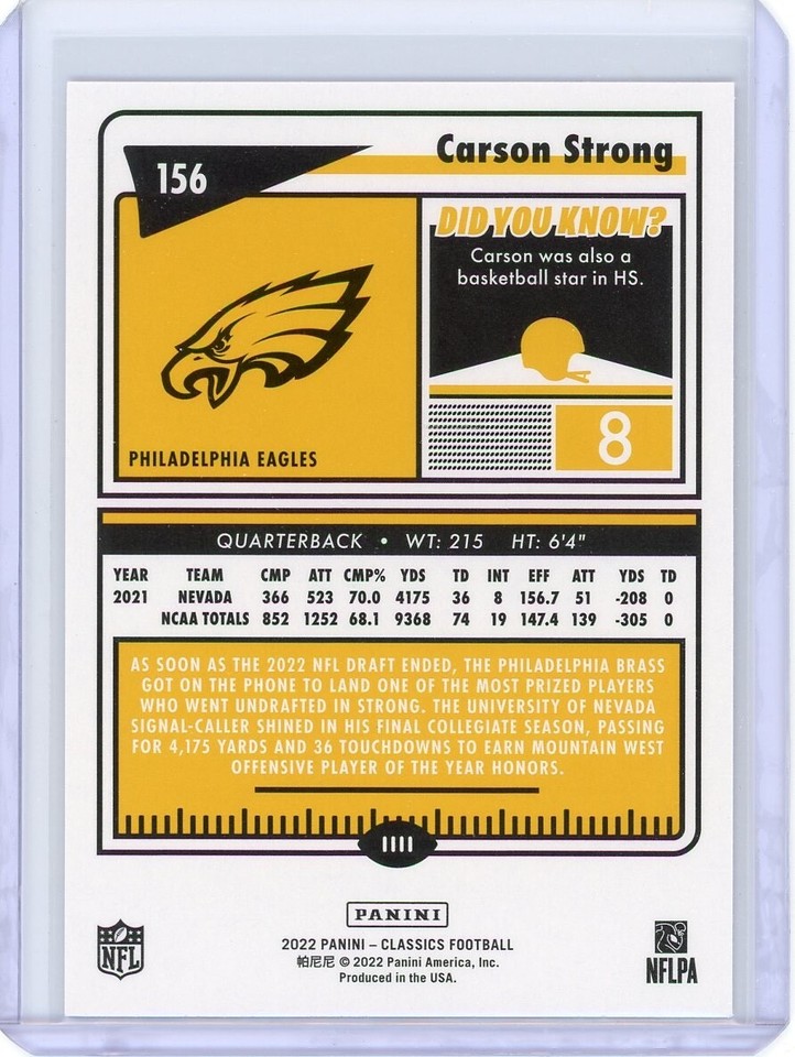 2022 PANINI CLASSICS RC CARSON STRONG ROOKIE #156 PHILADELPHIA EAGLES ...