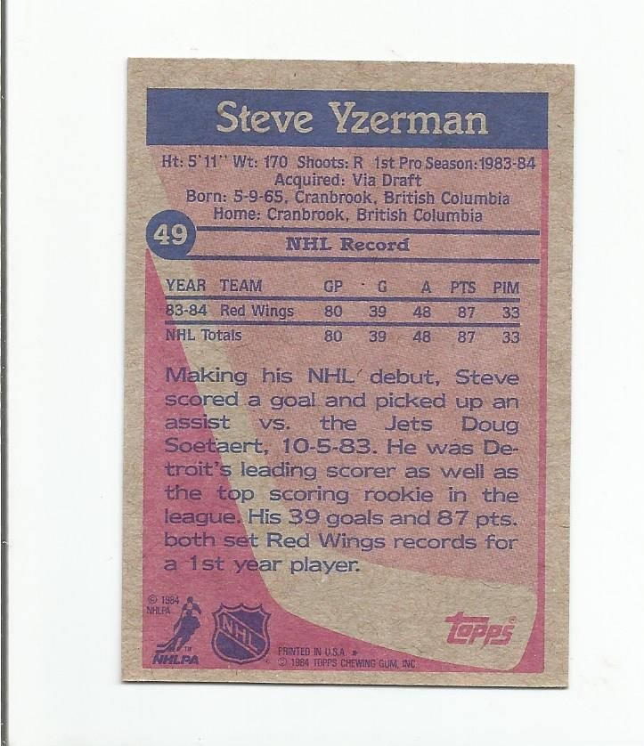 1984-85 STEVE YZERMAN TOPPS HOCKEY CARD #49 ROOKIE "HIGH GRADE CARD" | eBay