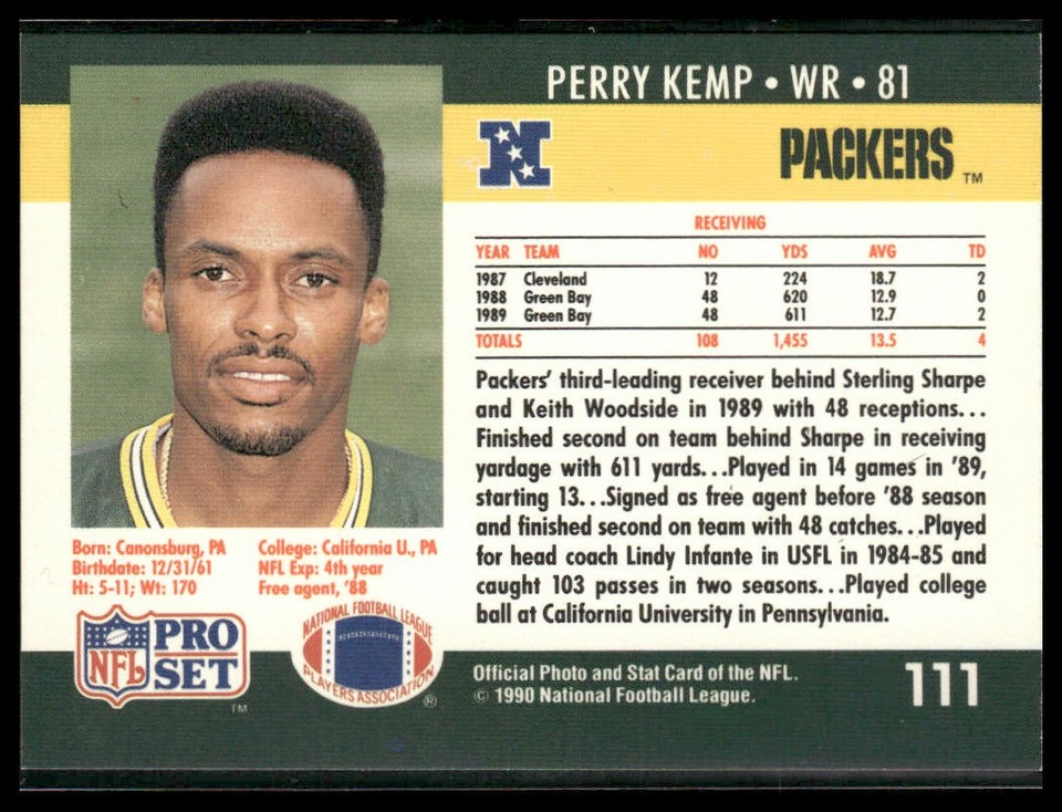 Perry Kemp #111b 1990 Pro Set Green Bay Packers | eBay