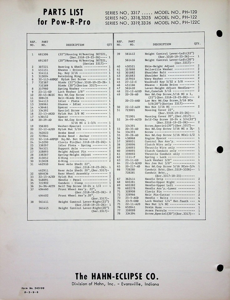Pow-R-Pro Self Propelled Mower Hahn Eclipse Lawn Operating Manual Parts ...