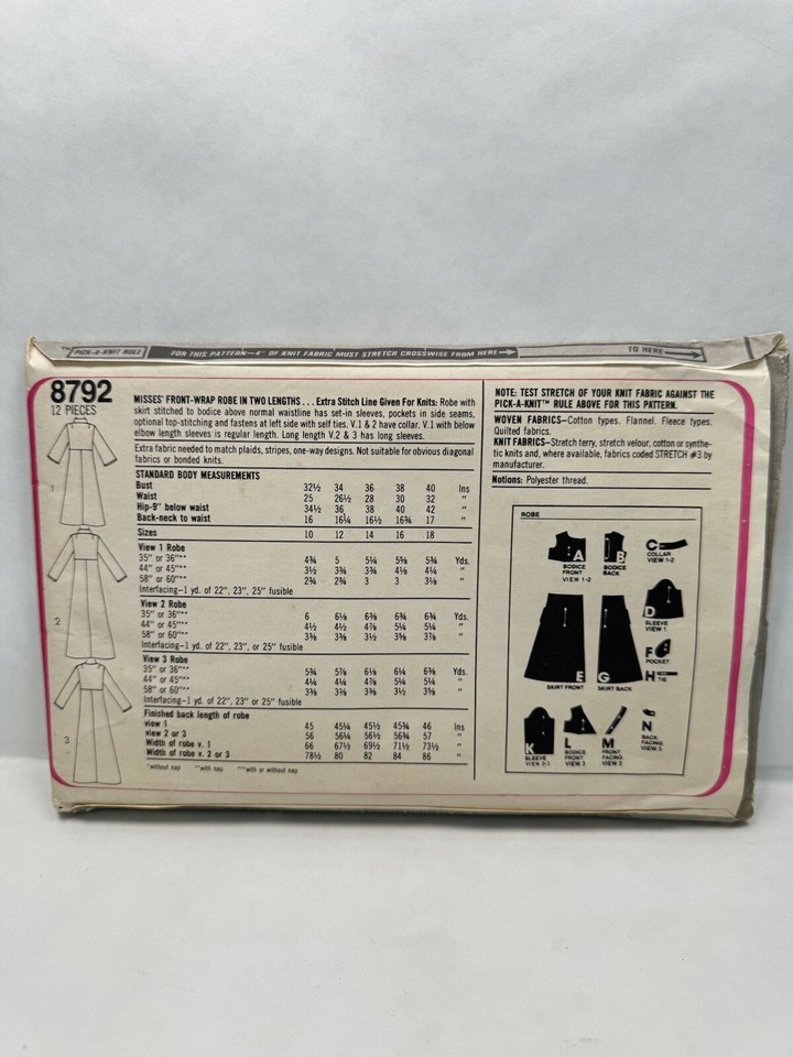Simplicity 8792 Misses Front-Wrap Robe Housecoat Pattern 10 *Cut ...