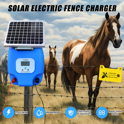 5W Solar Electric Fence Charger LCD Display Energizer for Wire Poultry ...