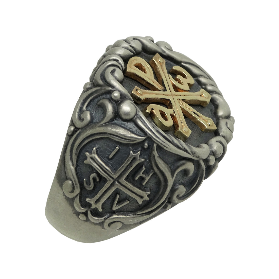 Knights Templar Chi Rho Gold 10K and Silver 925 Alfa Omega Men’s Ring ...
