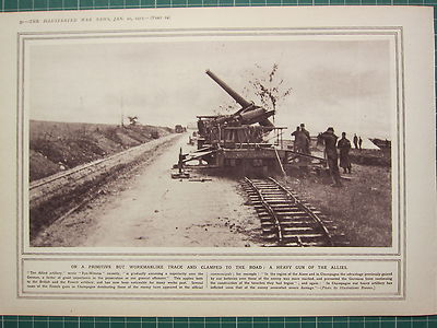 1915 WWI WW1 PRINT ~ HEAVY GUN OF THE ALLIES TRACK & CLAMPED TO THE ...