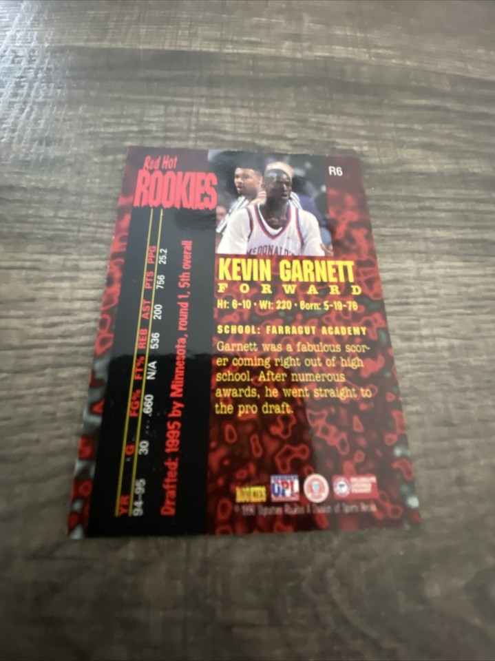 1995-96 Signature Red Hot Rookies Kevin Garnett Rookie R6 basketball ...