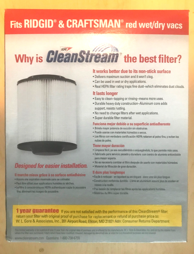 Cleanstream Pro Gore Wet/Dry HEPA Vacuum Cartridge Filter fits Ridgid ...