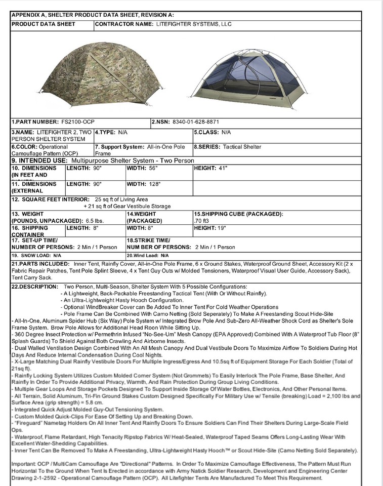 New* LITEFIGHTER 2- SHELTER SYS, TENT, OCP FS2100 NSN 8340-01-628-8871 ...