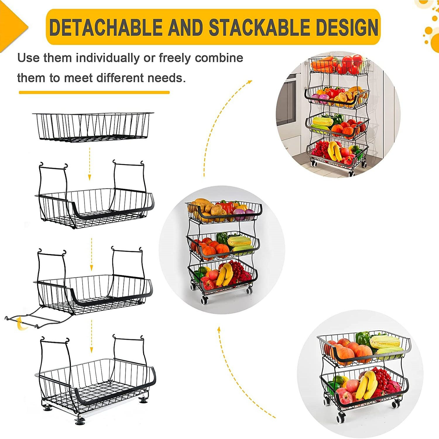 4Tier Fruit Basket Storage Kitchen Stackable Metal Wire Vegetable ...