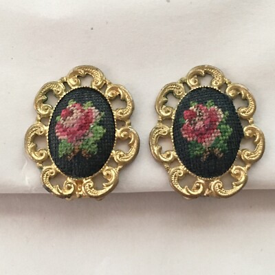 Vintage Earrings Needlepoint Austria Roses Petit Point Gold Signed ...