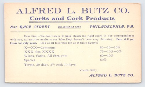 1910 Alfred L Butz Postcard Philadelphia PA Cork Products Trade Pricing ...