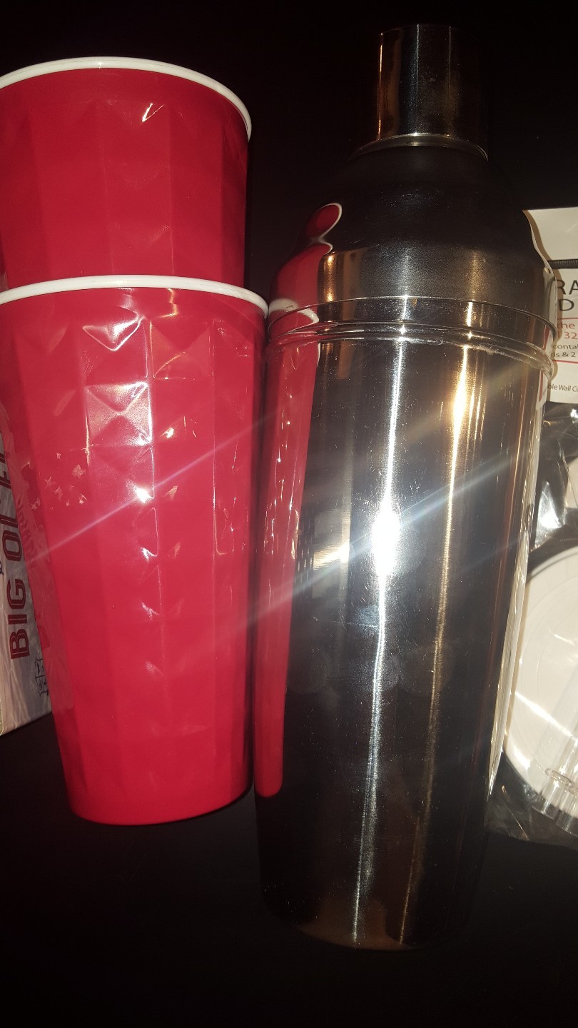 Used GIANT Cocktail Shaker- NEW GIANT Flask- 2 NEW GIANT Red Cups w ...